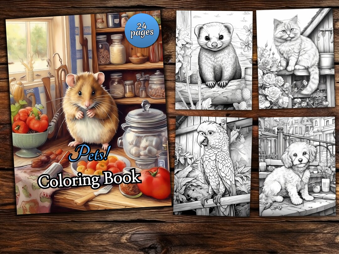 Cute Pets Coloring Page Book, Fantasy Coloring Book, Adult Coloring ...