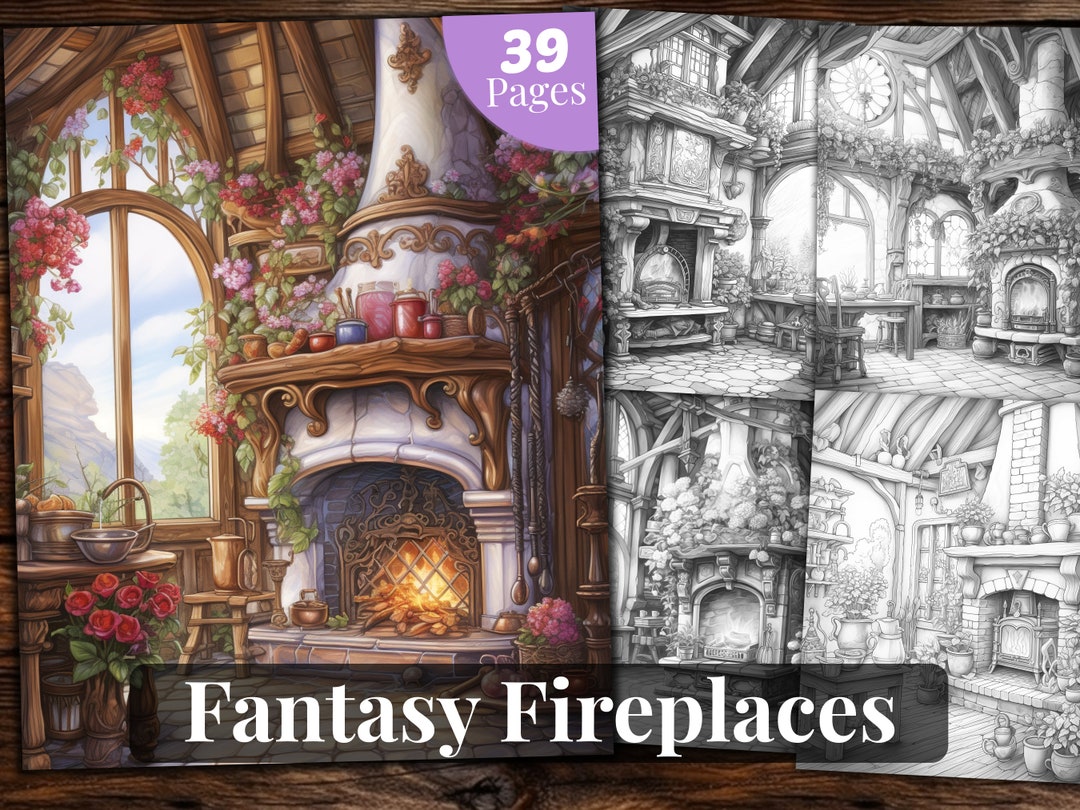 Fantasy Fireplaces Coloring Book: 39 Grayscale Pages (printable PDF) - Etsy