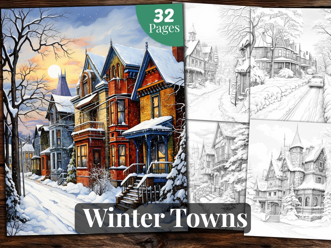 Winter Towns Coloring Book, 32 Coloring Pages, for Adults and Kids ...