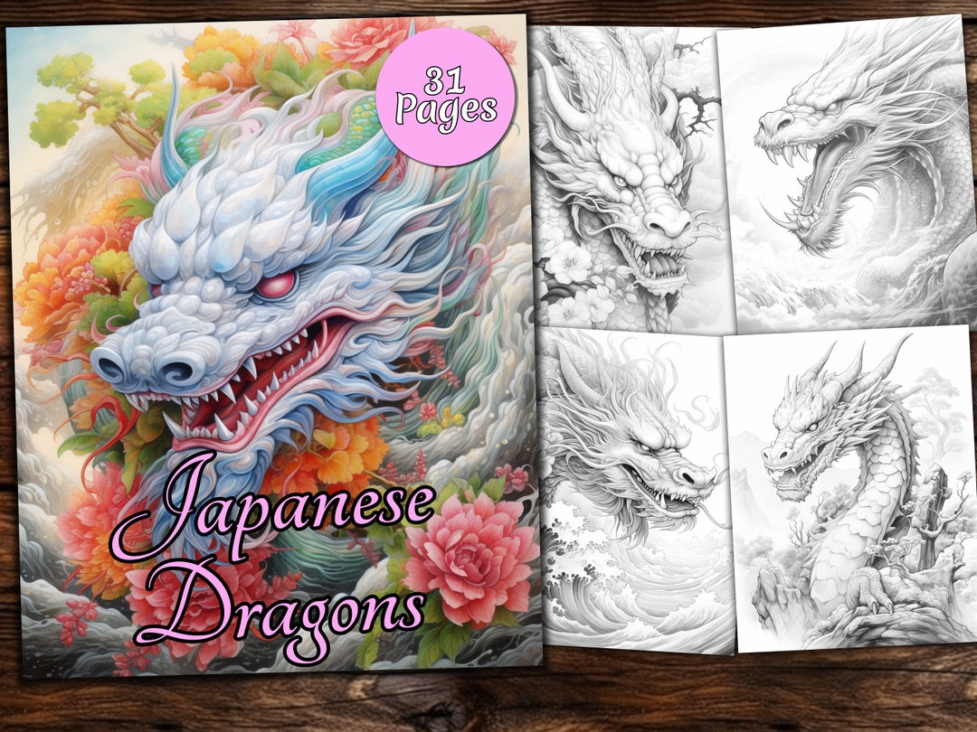 Japanese Dragon Coloring Page Book, Fantasy Coloring Book, Adult ...