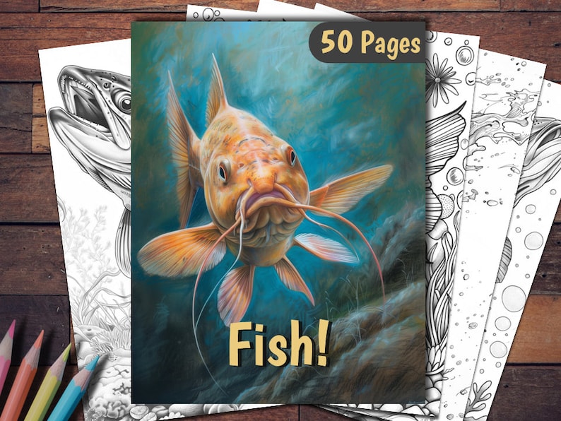 Fish Coloring Book: 50 Grayscale Pages for Adults & Kids (printable PDF ...