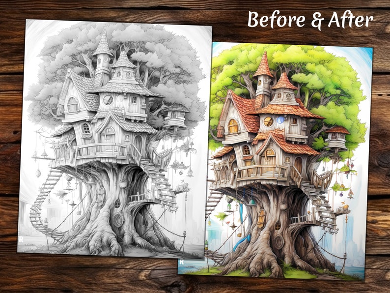 Treehouse Coloring Page Book Fantasy Coloring Book Adult - Etsy