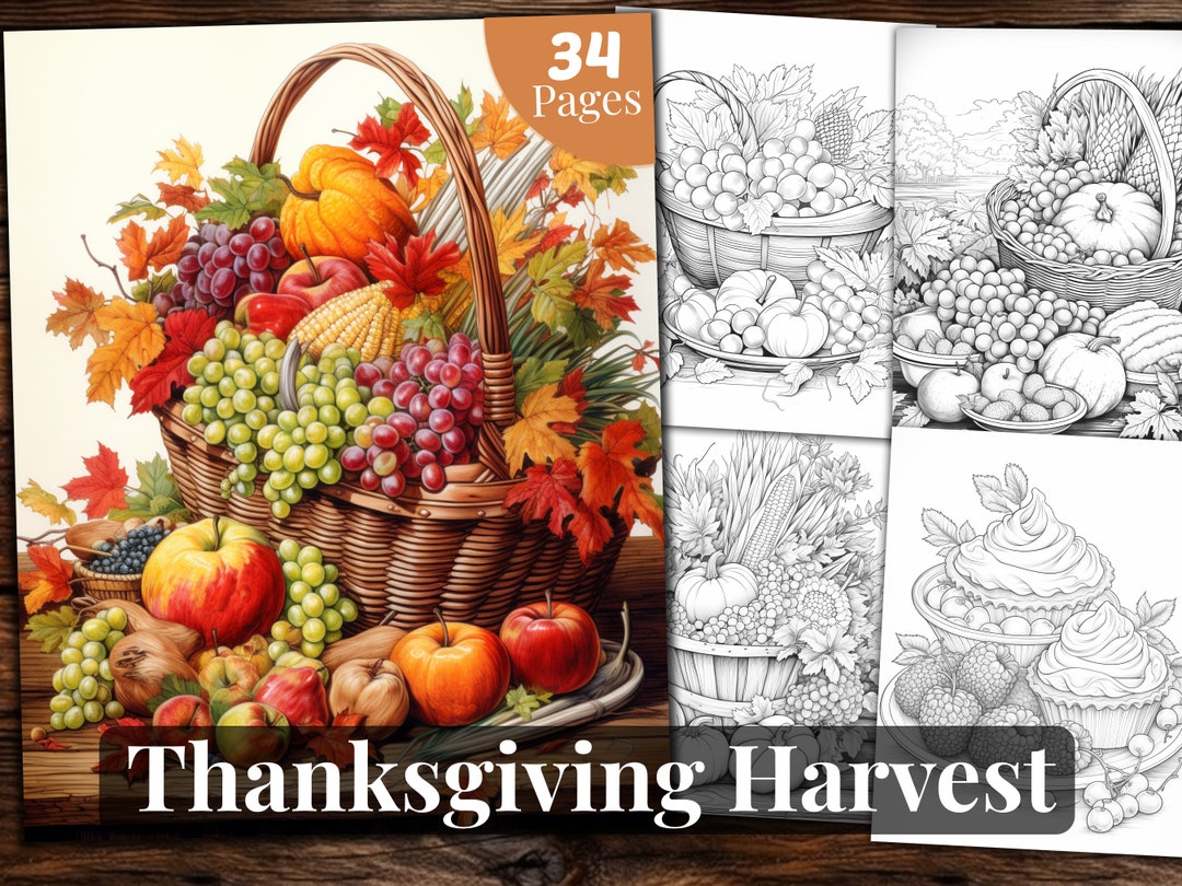 Thanksgiving Harvest Coloring Book: 34 Grayscale Pages (printable PDF ...