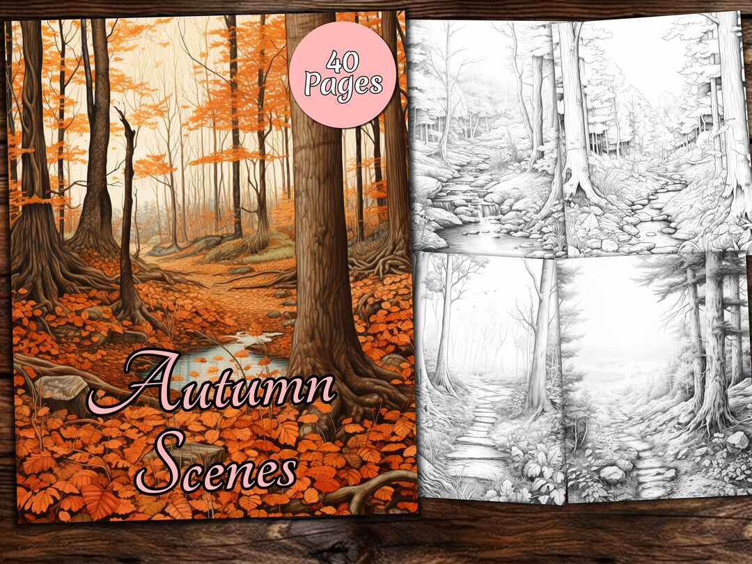 Autumn Forest Grayscale Coloring Book: Fantasy Scenes (PDF Download) - Etsy