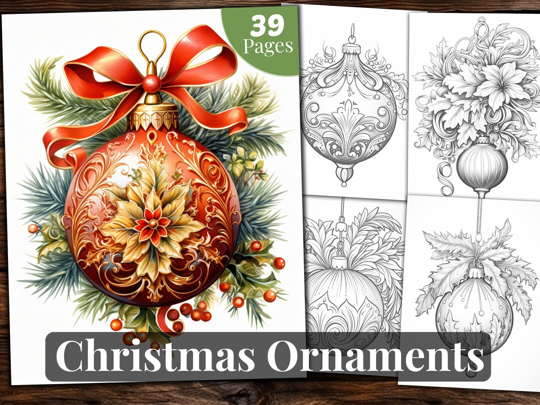 Christmas Ornaments Coloring Book: 39 Grayscale Pages (printable PDF ...