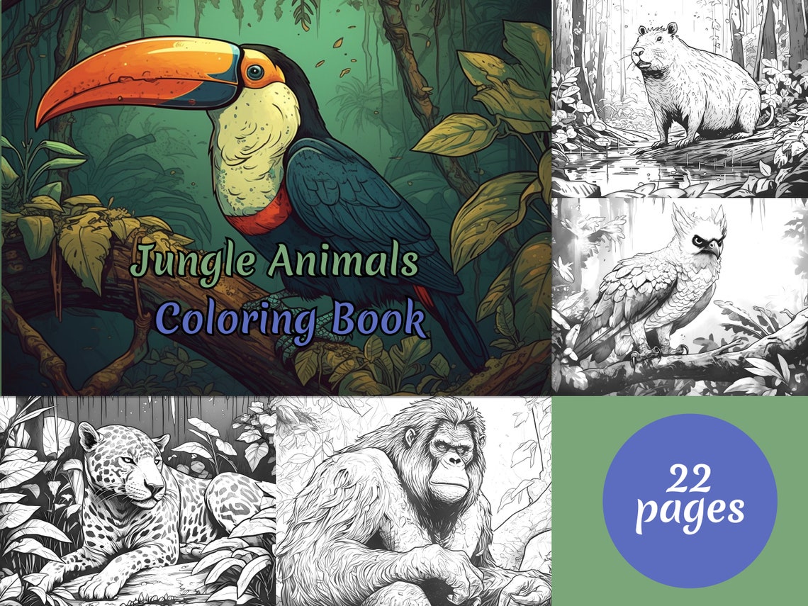 Jungle Animals Coloring Page Book Adults & Kids Instant - Etsy
