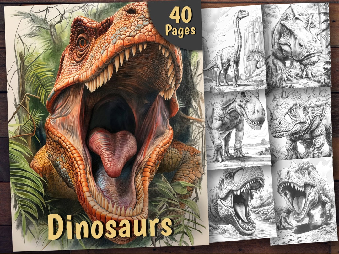 Dinosaurs Coloring Book: 40 Grayscale Pages, Adults & Kids (printable ...