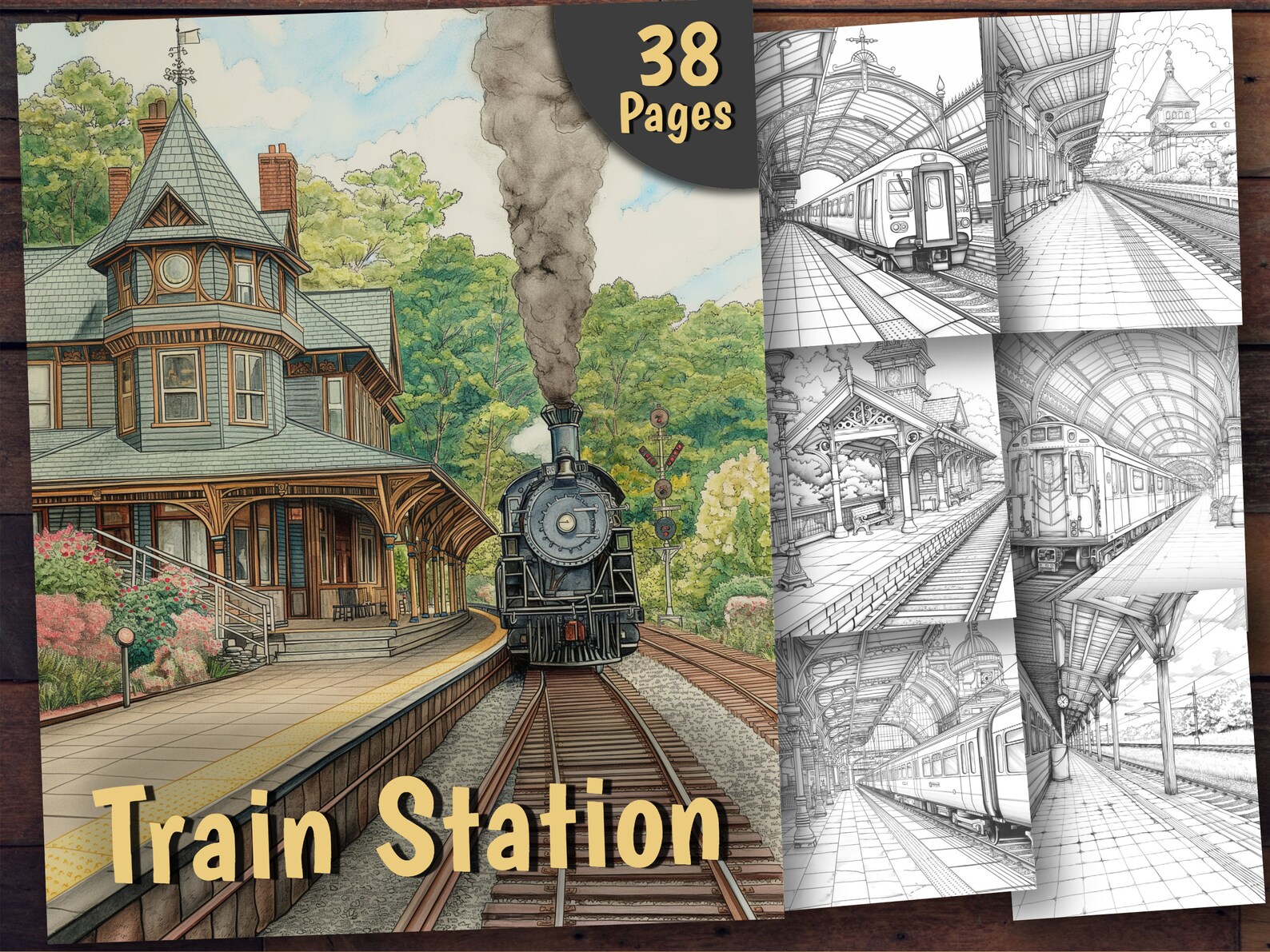 Train Station Coloring Book, 38 Coloring Pages, for Adults and Kids ...