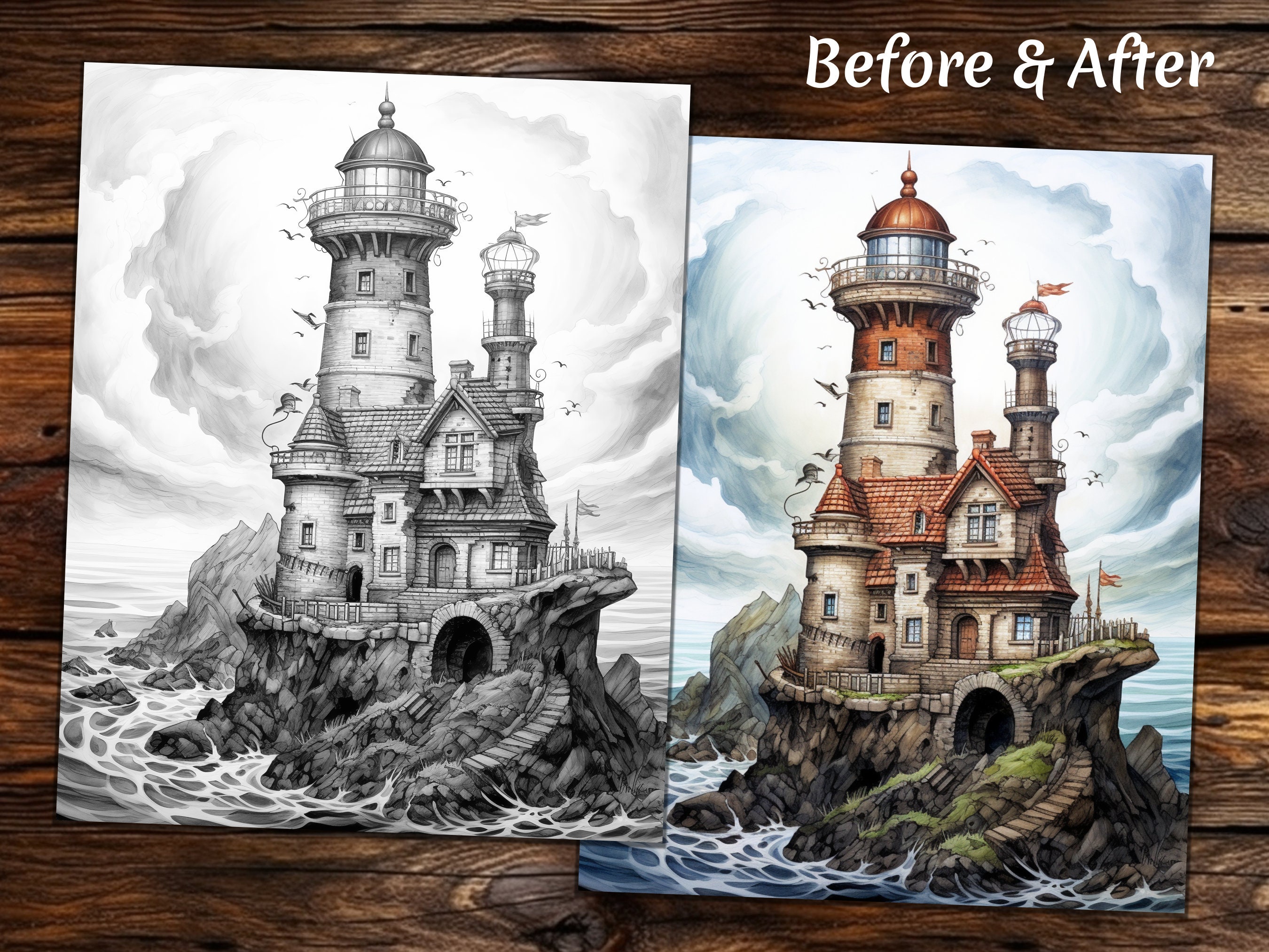 Lighthouses Coloring Page Book Fantasy Coloring Book Adult - Etsy
