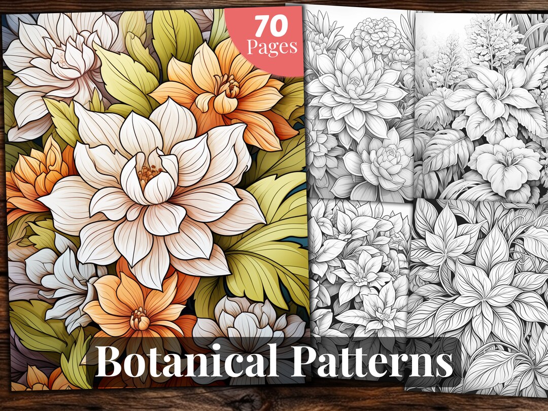 Botanical Patterns Coloring Book: 70 Grayscale Pages (printable PDF) - Etsy