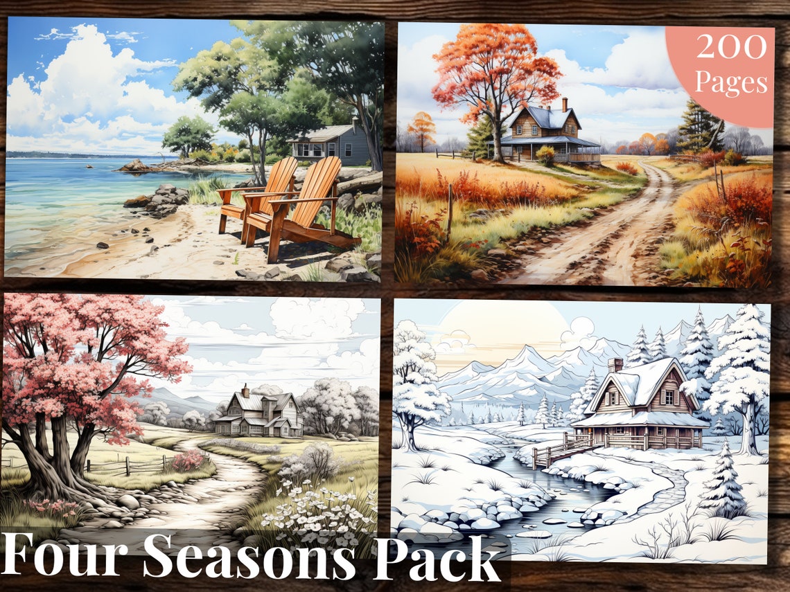 Four Seasons Coloring Book: 200 Printable Pages, Grayscale PDF (adults ...