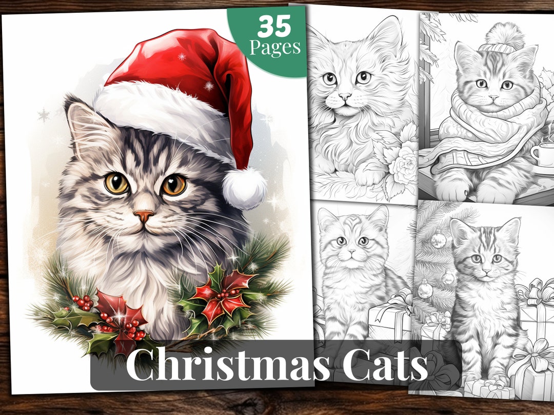 Christmas Cats Coloring Book, 34 Coloring Pages, for Adults and Kids ...