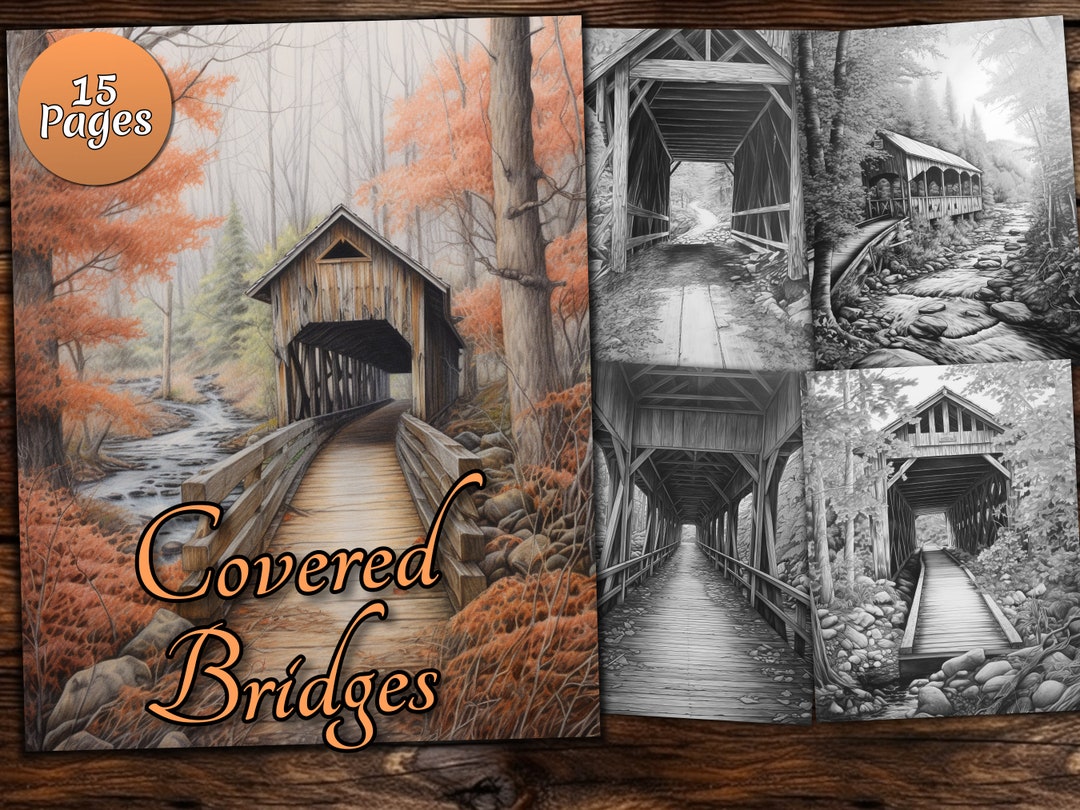 Covered Bridges Coloring Page Book, Fantasy Coloring Book, Adult ...