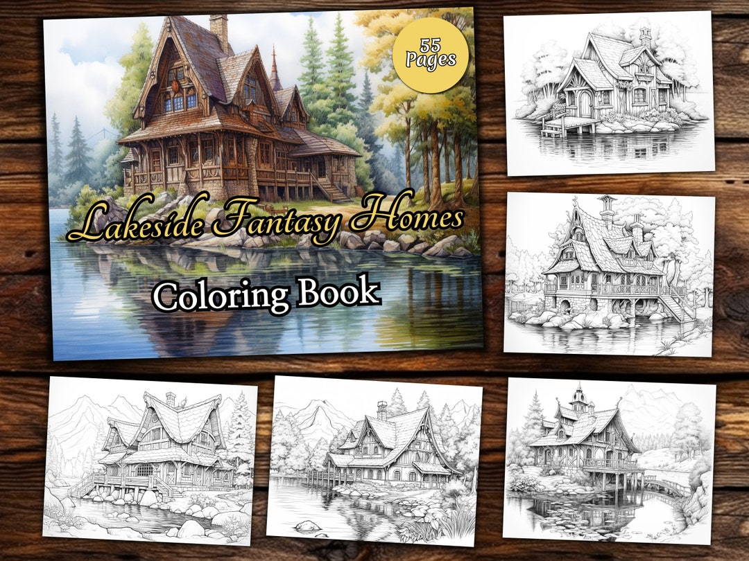 Lakeside Fantasy Homes Coloring Book: Grayscale Adult Coloring (PDF) - Etsy
