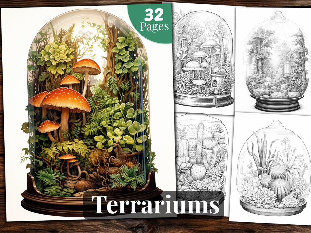 Terrariums Coloring Book: 32 Grayscale Pages, Adults & Kids (printable ...
