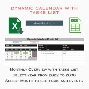 Dynamic Monthly and Annual Calendar With Tasks List Spreadsheet Digital ...
