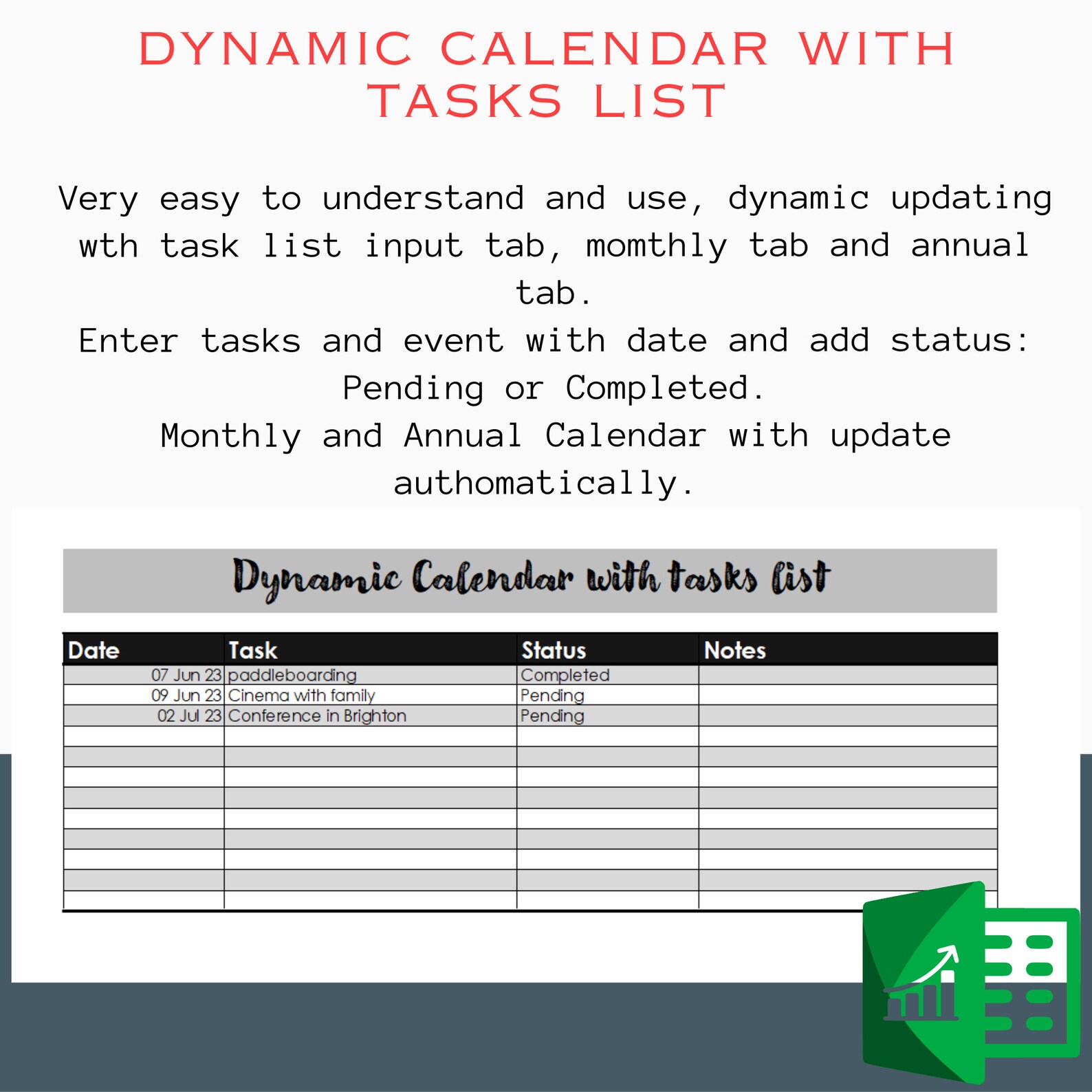 Dynamic Monthly and Annual Calendar With Tasks List Spreadsheet Digital ...