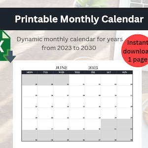 Printable Monthly Calendar | Digital Calendar for Years 2023 -2030 - Etsy