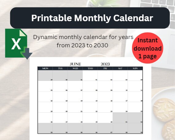 Printable Monthly Calendar | Digital Calendar for Years 2023 -2030 - Etsy