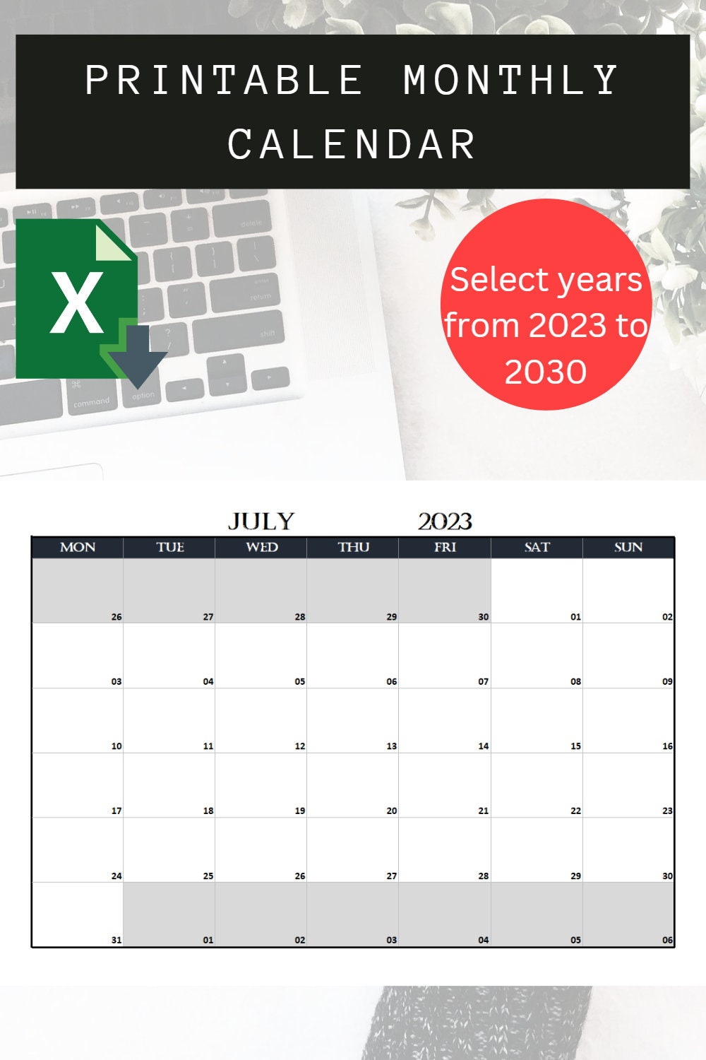 Printable Monthly Calendar | Digital Calendar for Years 2023 -2030 - Etsy