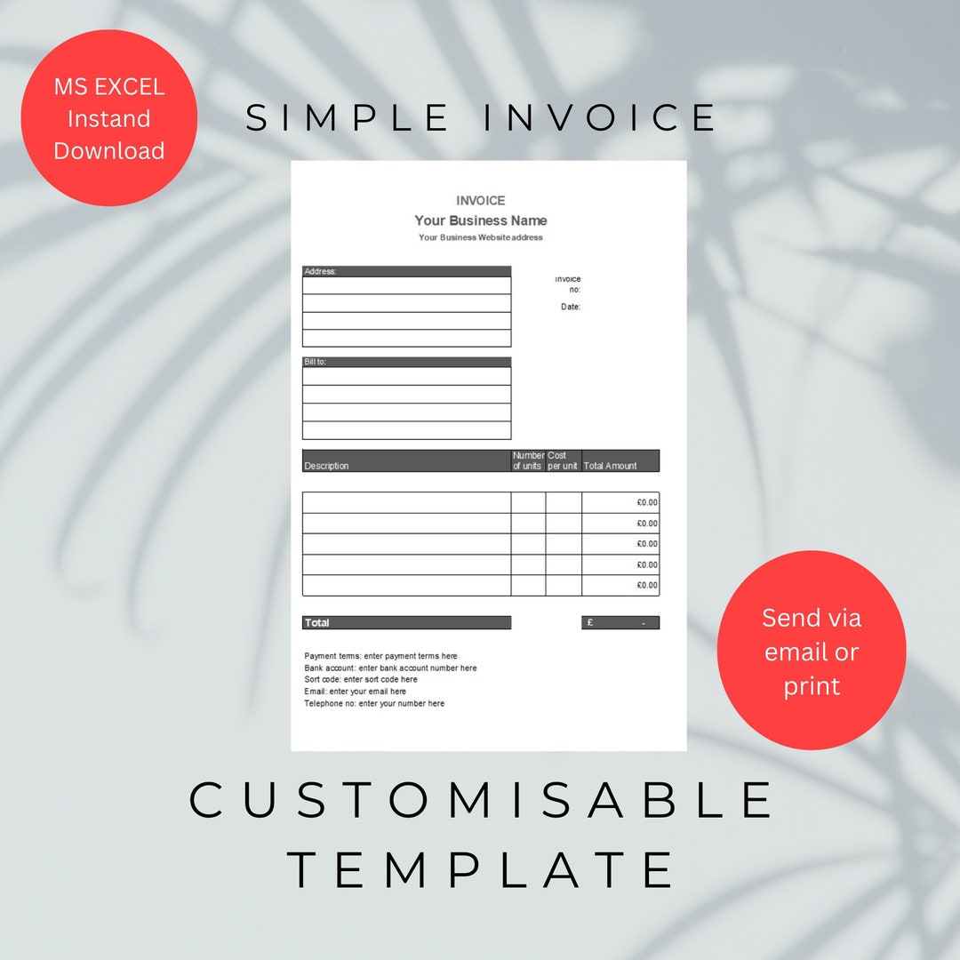 Simple Invoice Template Excel Customisable Invoice Template Small ...