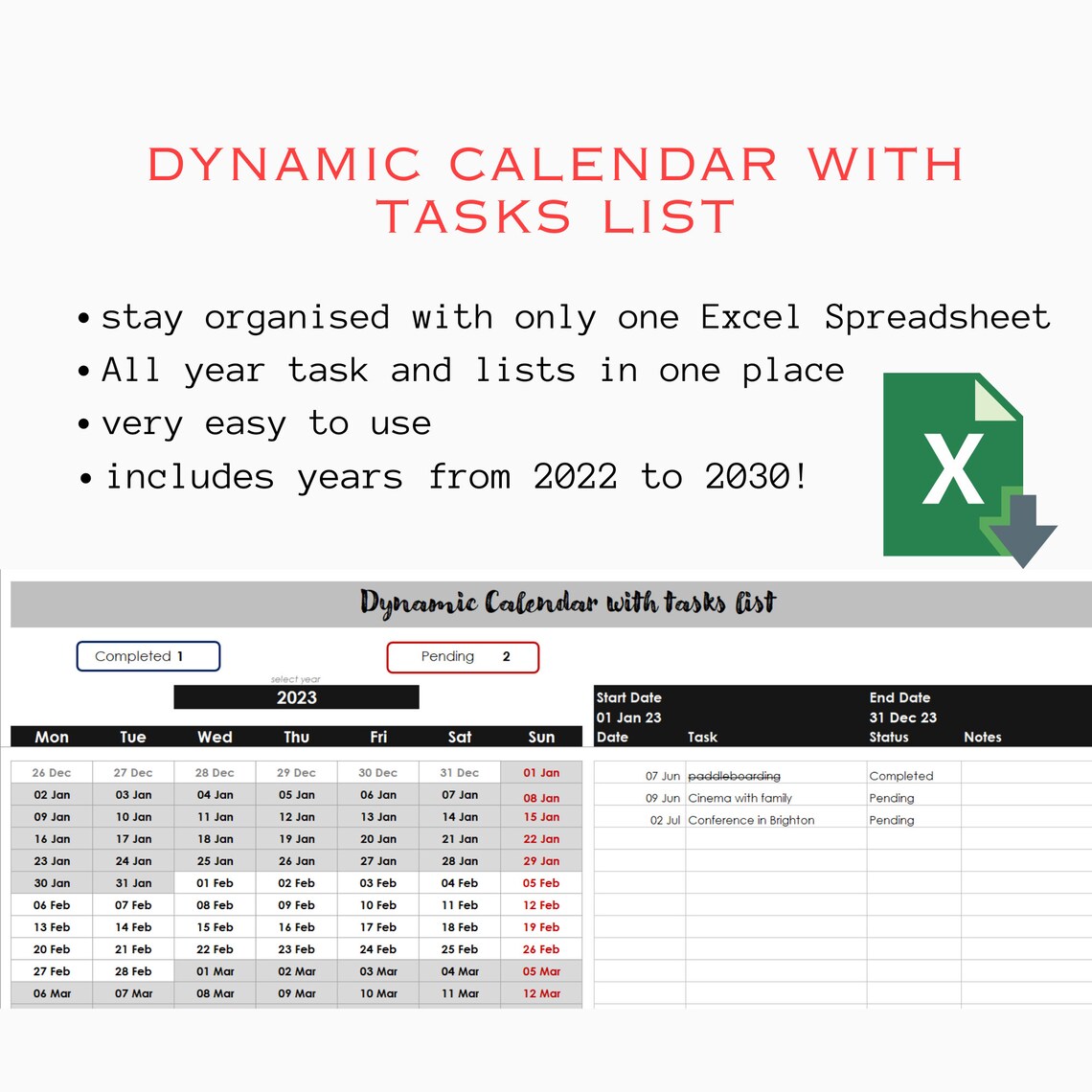 Dynamic Monthly and Annual Calendar With Tasks List Spreadsheet Digital ...