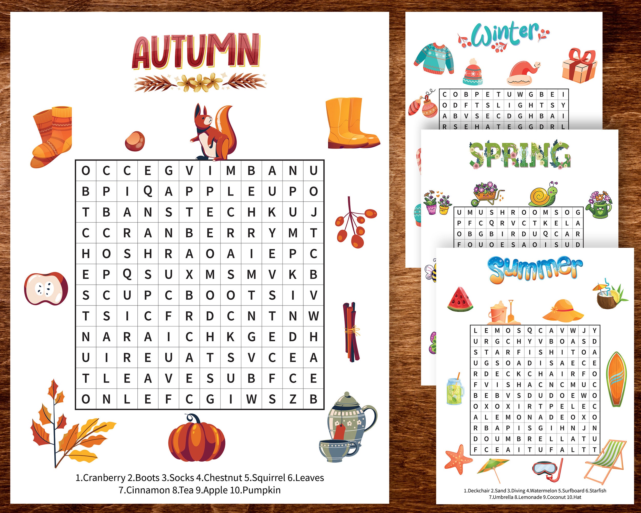 Autumn Word Search, Summer Word Search, Spring Word Search and Winter ...