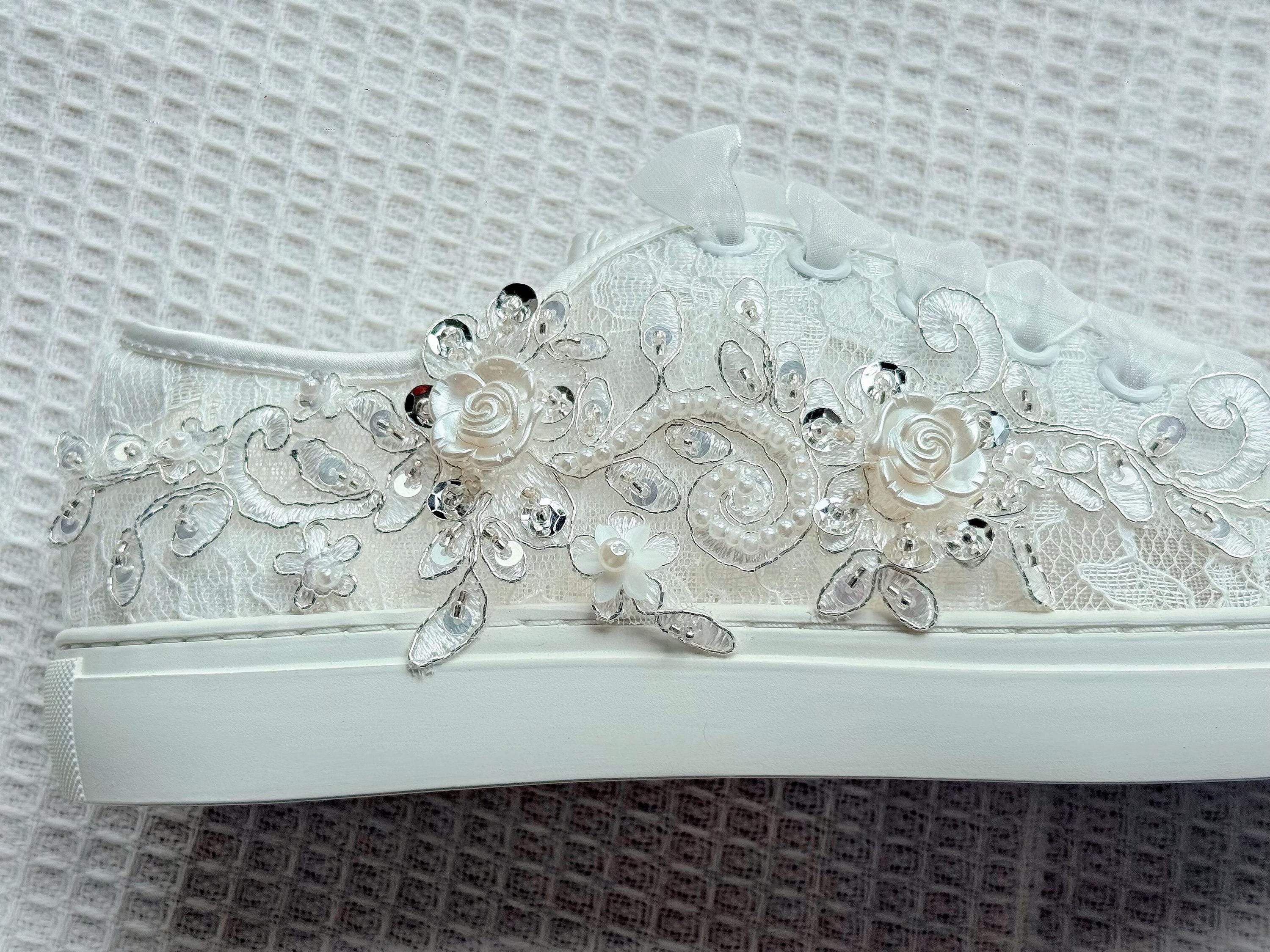 Bridal Lace Sneakers With Floral Appliqué and Rhinestones – Wedding ...