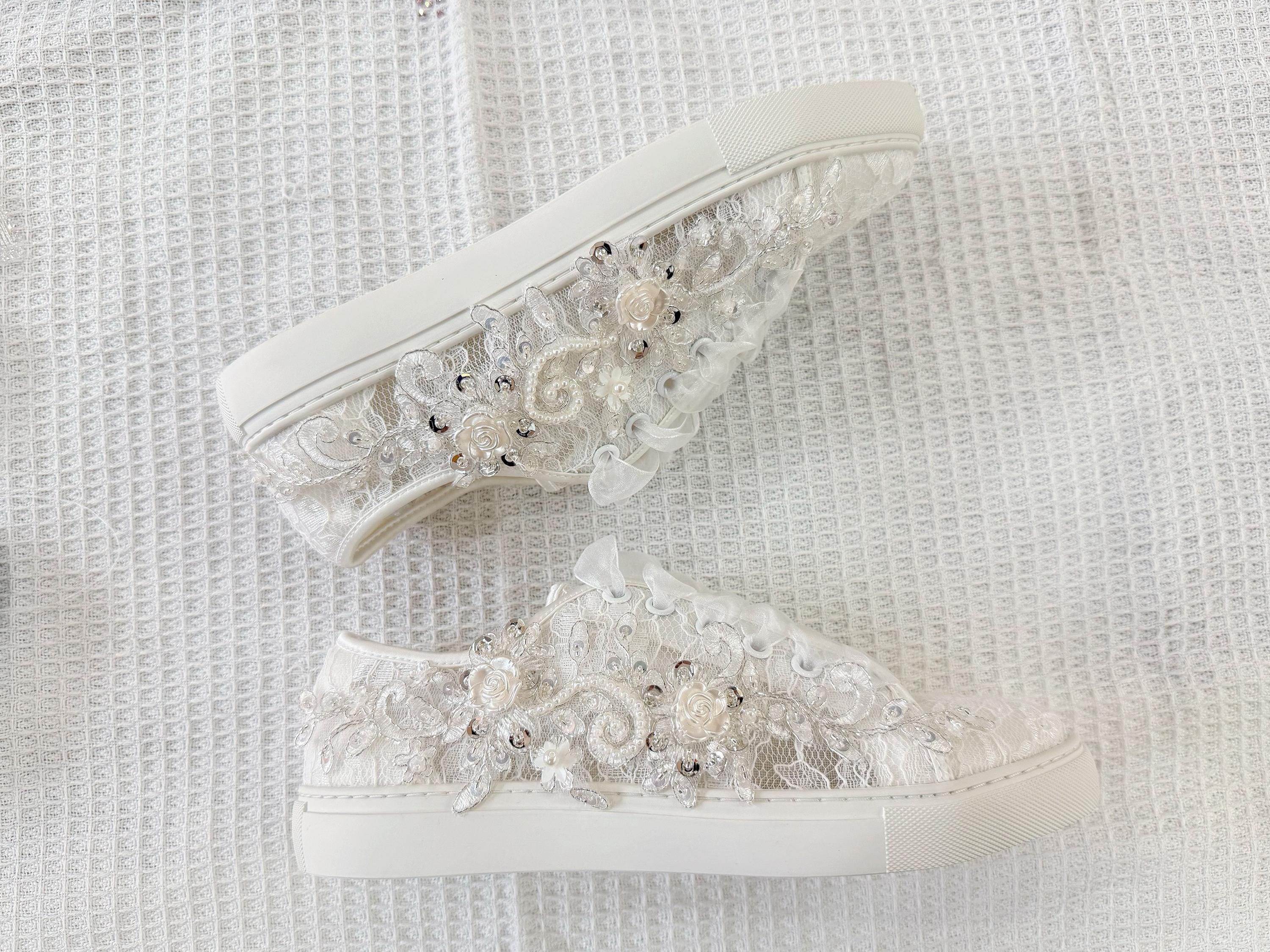 Bridal Lace Sneakers With Floral Appliqué and Rhinestones – Wedding ...