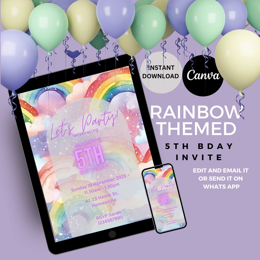 Rainbow Girls Birthday Invitation Boho Watercolour Sparkly 5th - Etsy