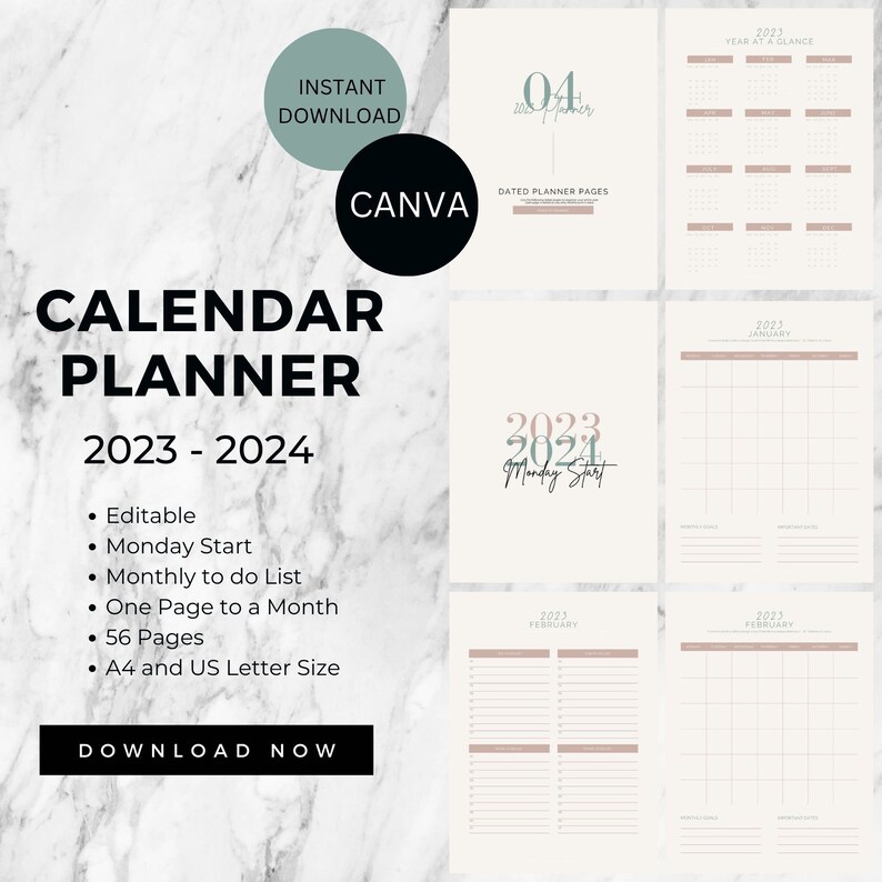 Editable 2023 2024 Calendar Template, Calendar Printable, Calendar ...