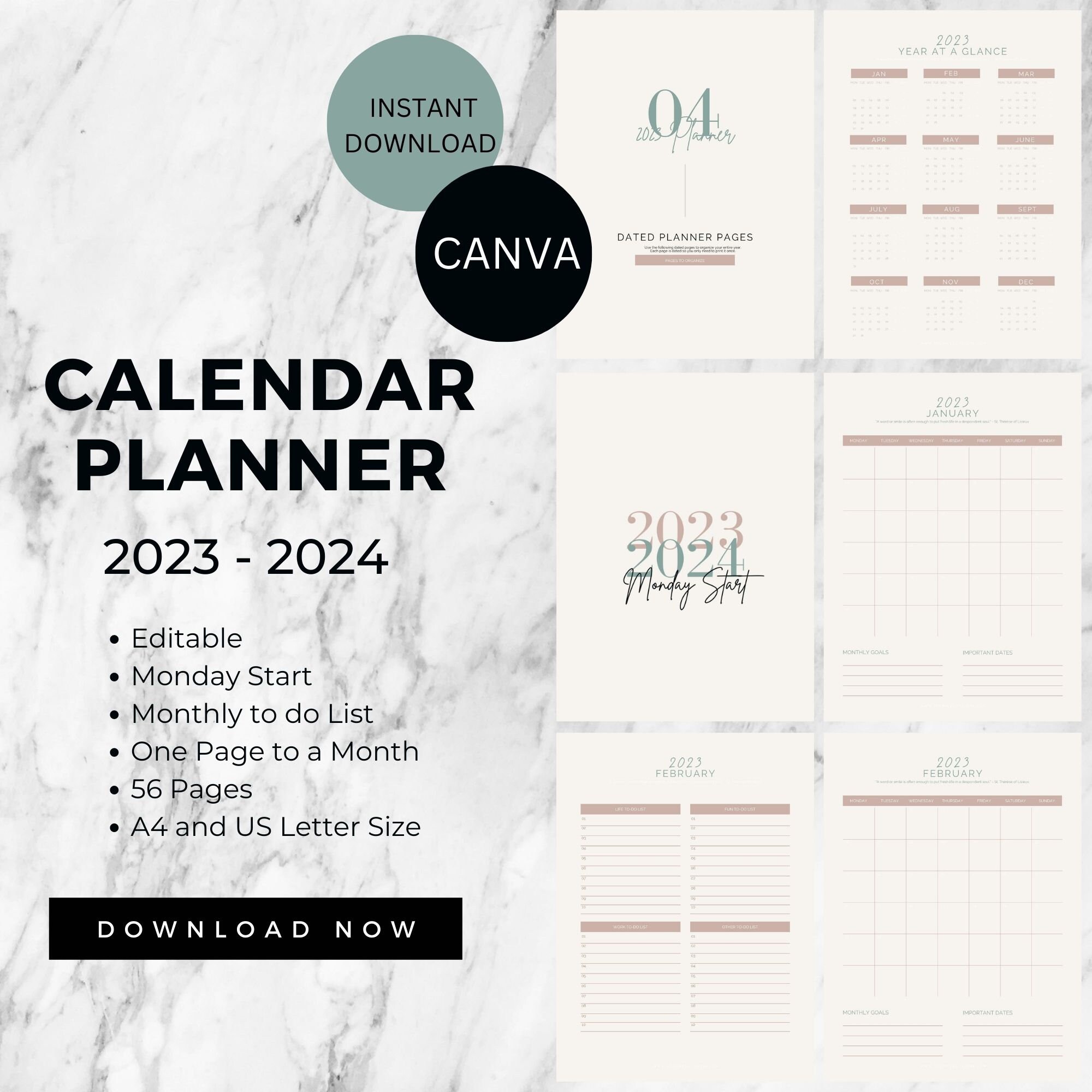 Editable 2023 2024 Calendar Template, Calendar Printable, Calendar ...