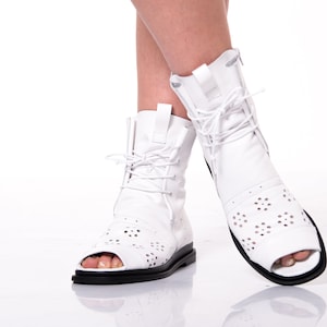 White Genuine Leather Summer Booties for Women, Flat Summer Ankle Boots ...
