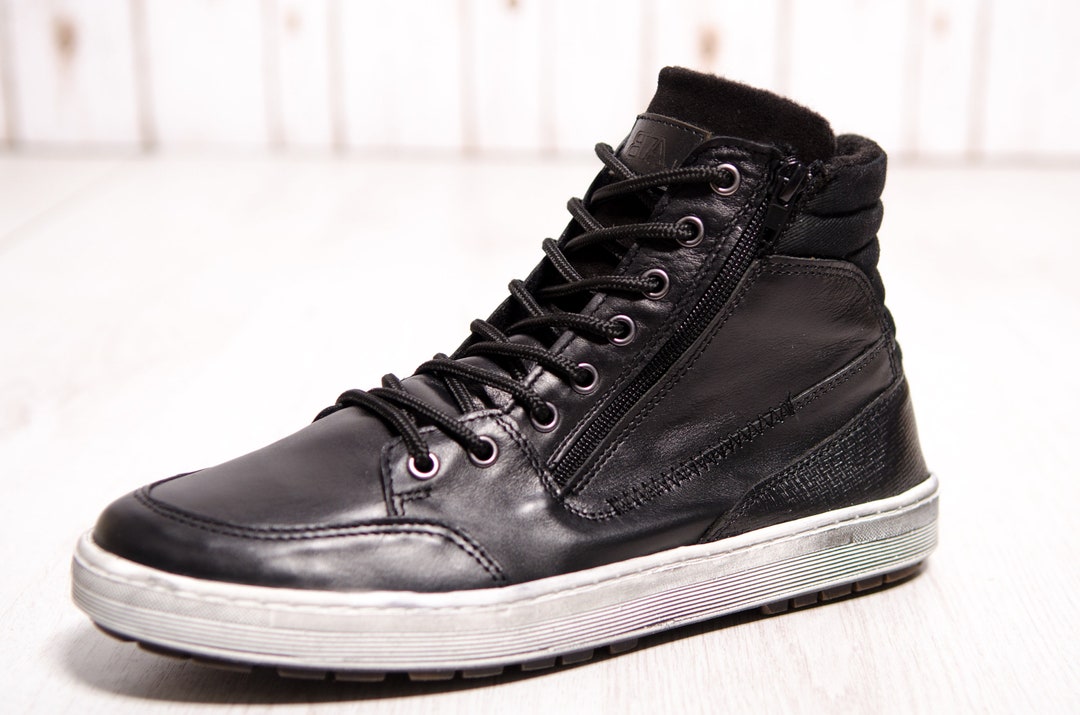 Men's Genuine Leather Sneakers Boots,mens Leather Boots,black Leather ...