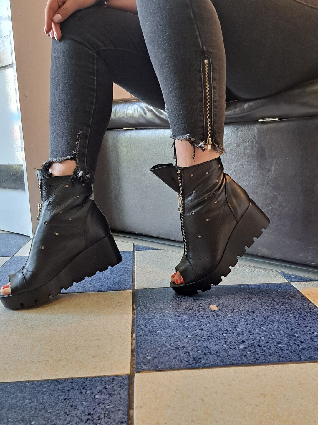 Leather Platform Sandals, Zipper Open Toe Summer Shoes,spring Ankle ...