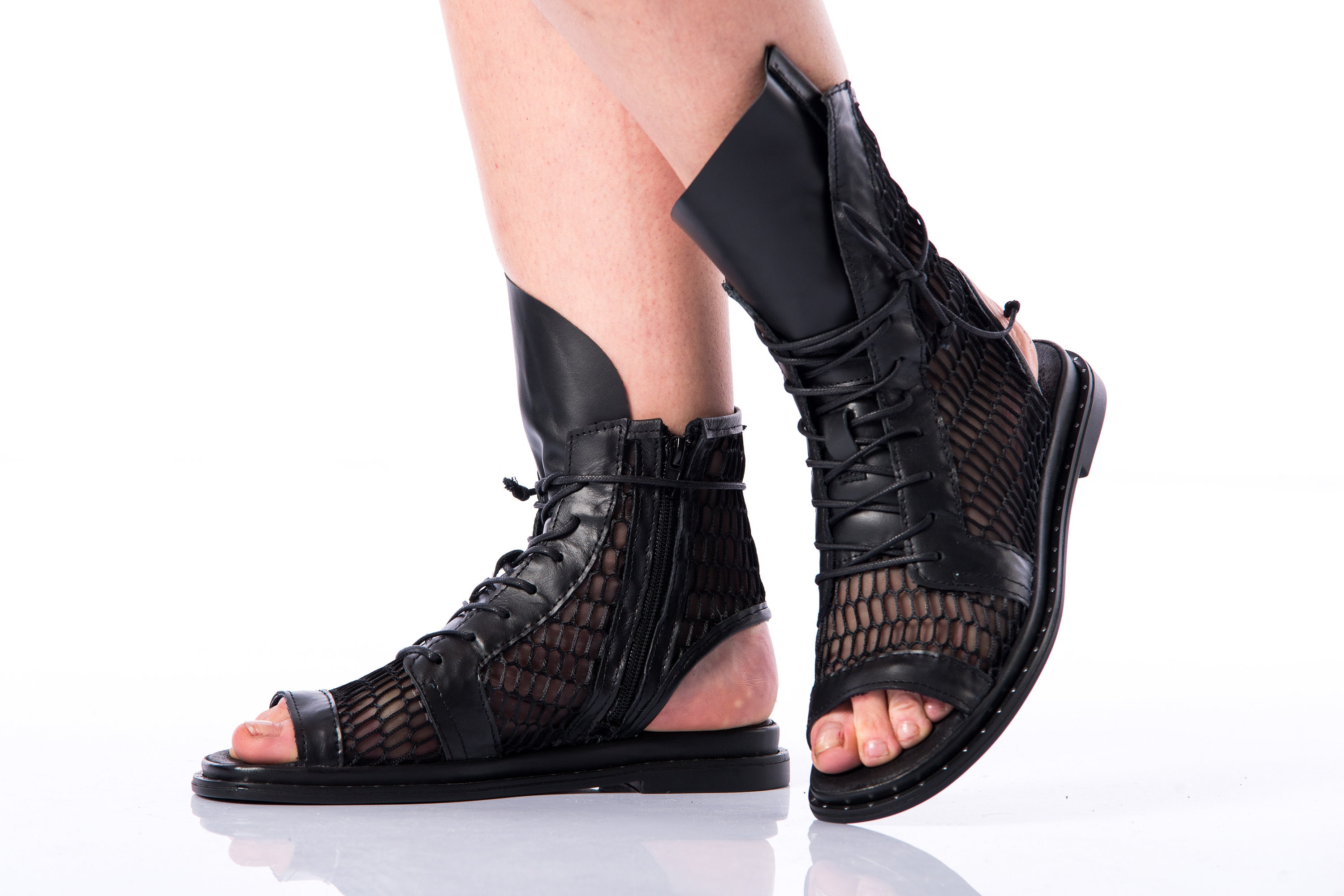 Flat Summer Ankle Boots, Woman Leather Black Sandals, Ribbon Casual ...