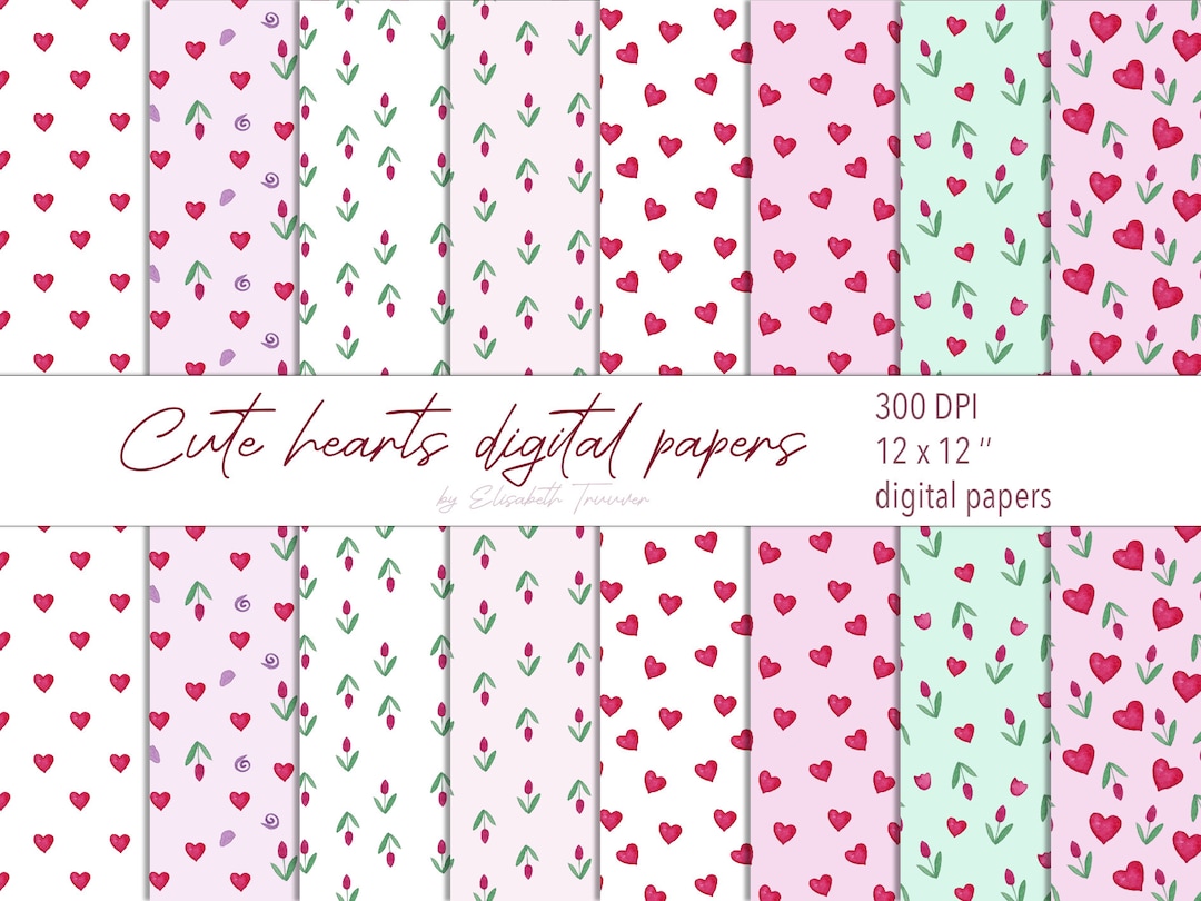 Cute Hearts Digital Paper - Watercolor Scrapbook Papers - Seamless ...