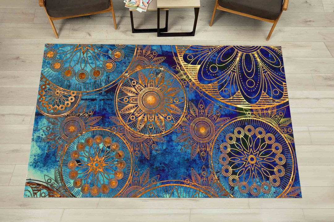 Blue Golden Mandala Rugs, Abstract Rug, Gold Rug, Modern Rugs, Front ...