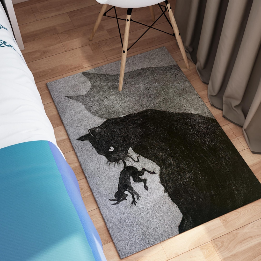 Black Cat With Kittens Rug, Artistic Animal Digital Rug, Modern ...
