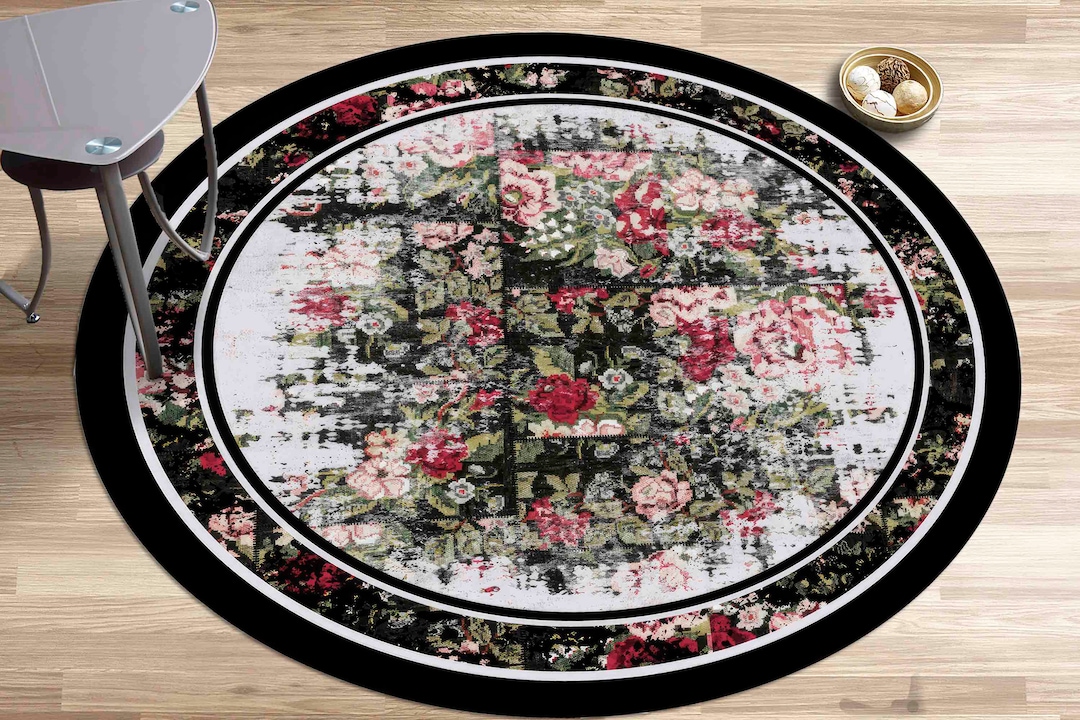 Floral Pattern Rug, Black Rug, Modern Rugs, Flower Rugs, Area Rug ...
