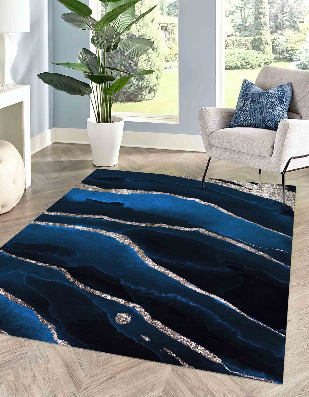 Navy Blue Marble Rug, Abstract Rugs, Luxury Marble Rugs, Modern Rug ...