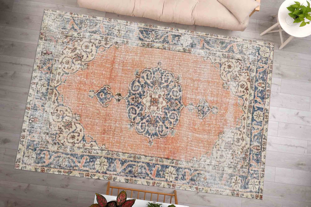 Orange and Navy Blue Rug, Navy Blue Rugs, Orange Rug, Oushak Rugs ...