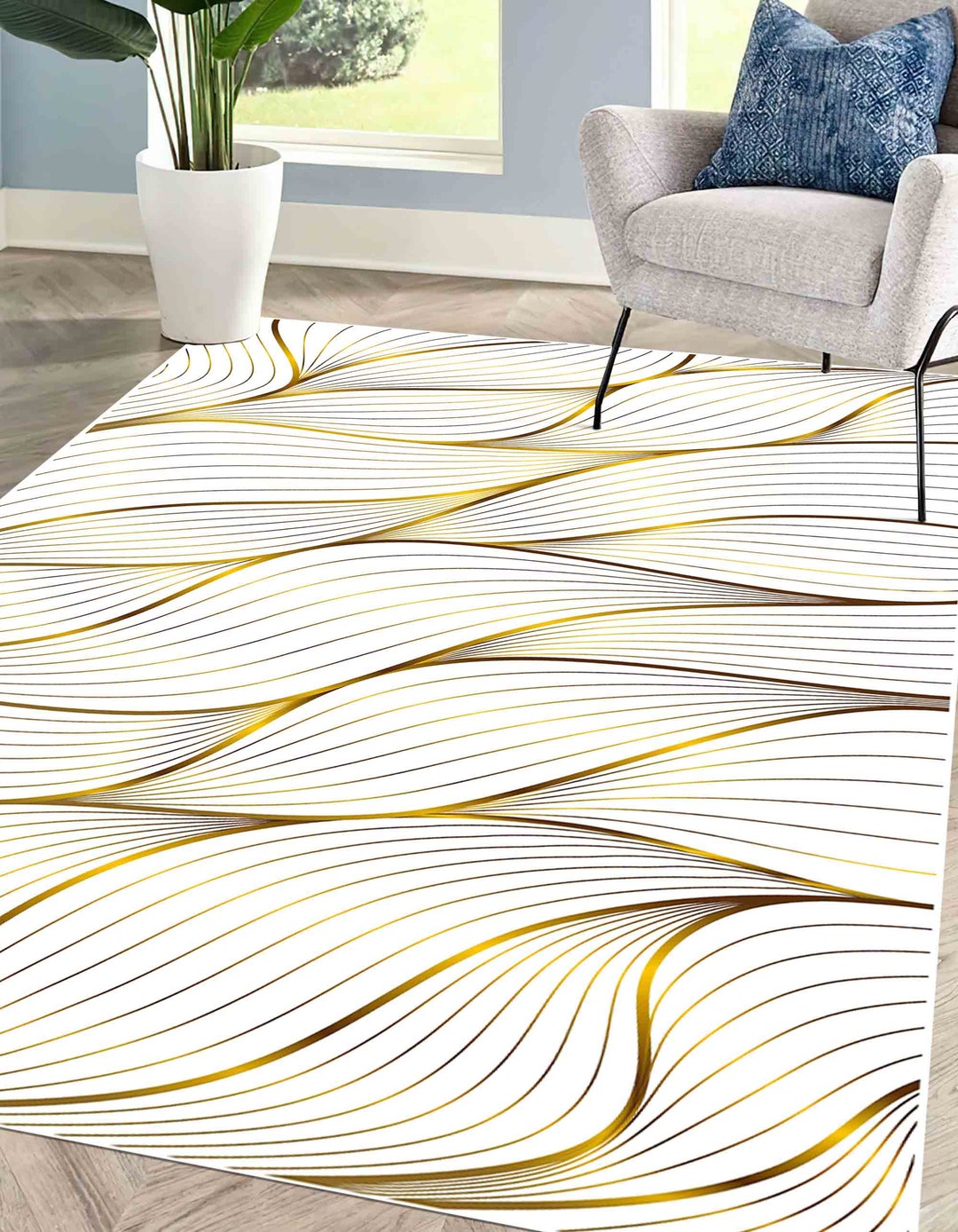 Golden Striped Rugs, Gold and White Rug, Luxury Rug, Modern Rug ...