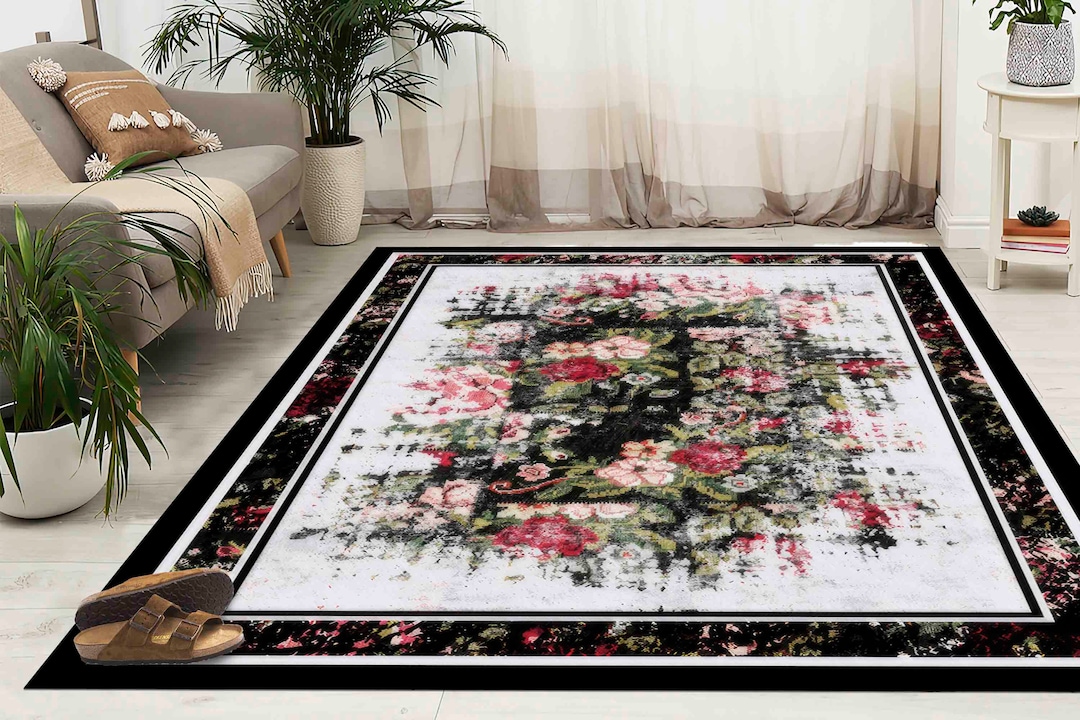 Abstract Flower Pattern Rugs, Black Rug, Abstract Rugs, Floral Rugs ...