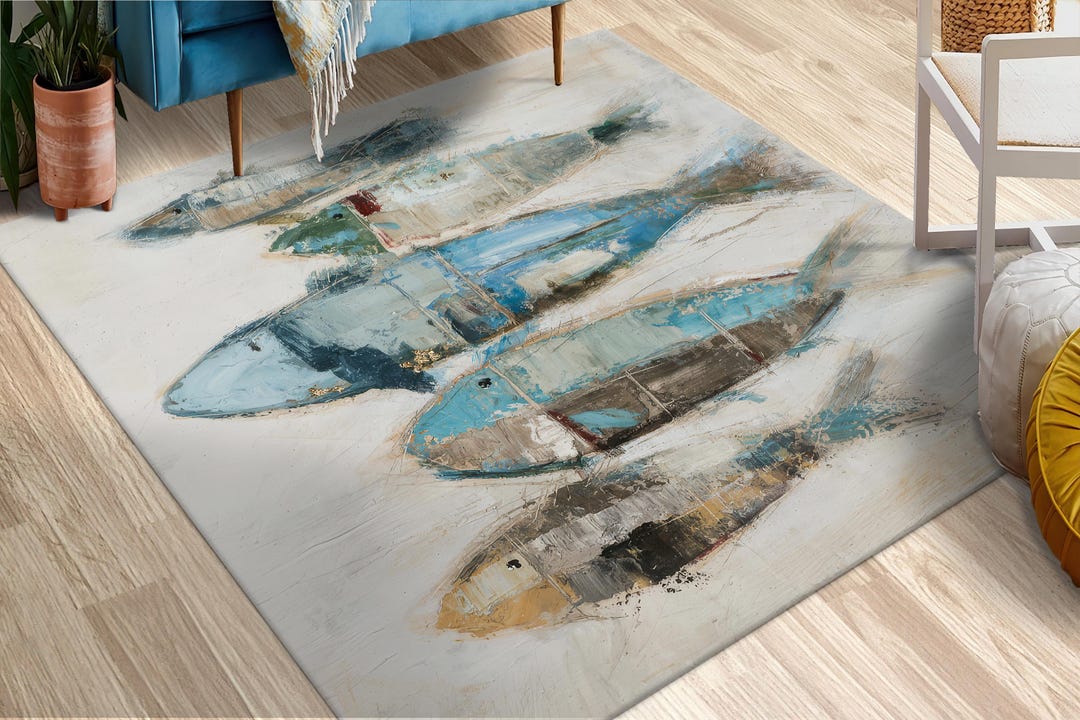 Fish Painting Print Rug, Modern Rug, Fish Rugs, Animal Rugs, Art Rug ...
