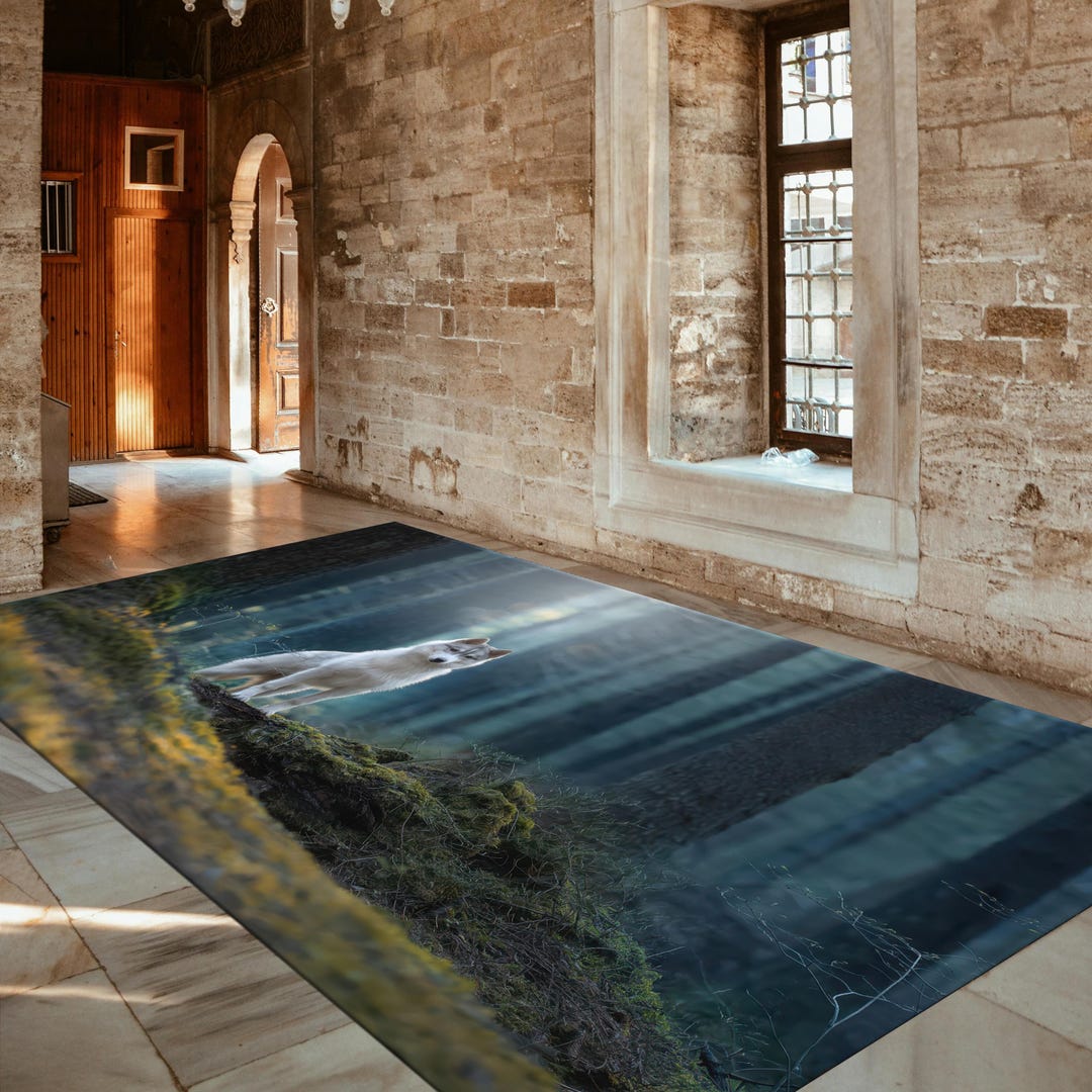 Mystic White Wolf Rug, Enchanted Forest Digital Rug, Wildlife Animal ...