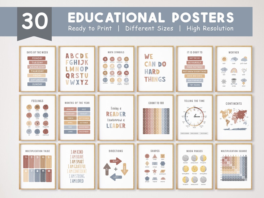 Set of 30 Educational Posters, Homeschool Printable, Neutral Kids Decor ...