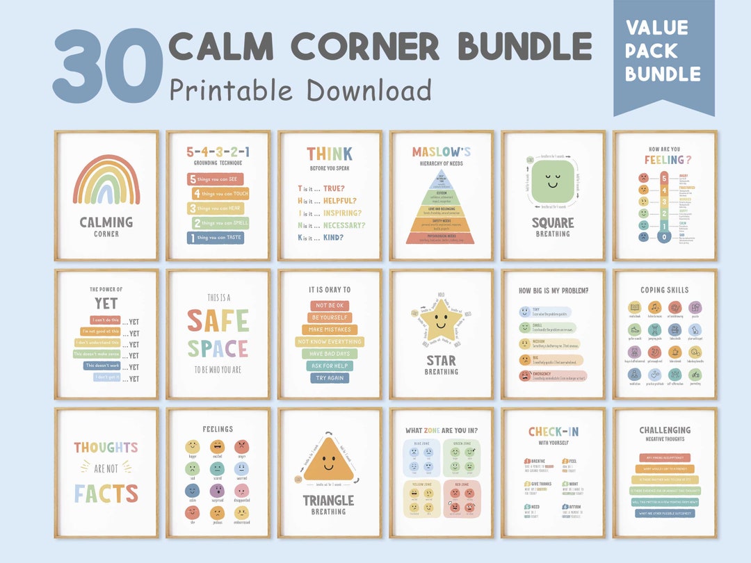 Set of 30 Calming Corner Posters, Calm Down Printable, Educational Wall ...