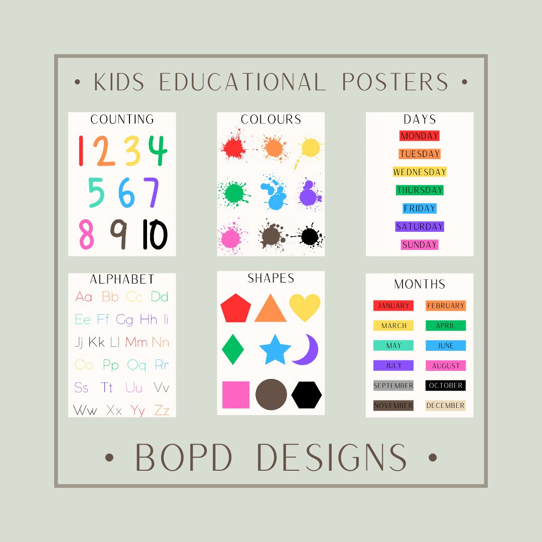 6 Pack Educational Posters - Bright Colours - Etsy