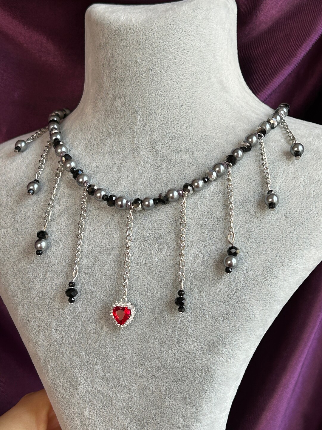 Vampire Aesthetic Necklace With Crystal Bead, Glass Pearl and Red Charm ...